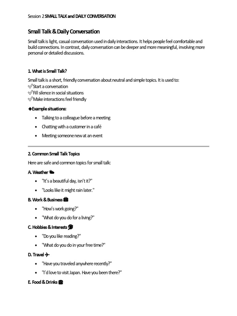 Small Talk Strategies and Examples | PDF | Communication | Human ...