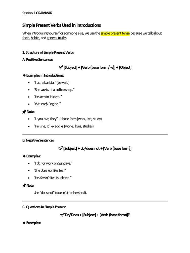 1-1. Simple Present Verbs Used in Introductions | PDF