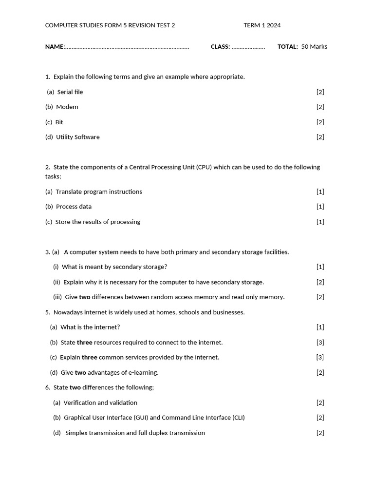 Computer Studies Form 5 Revision Test 2 | PDF | Computer Data Storage ...