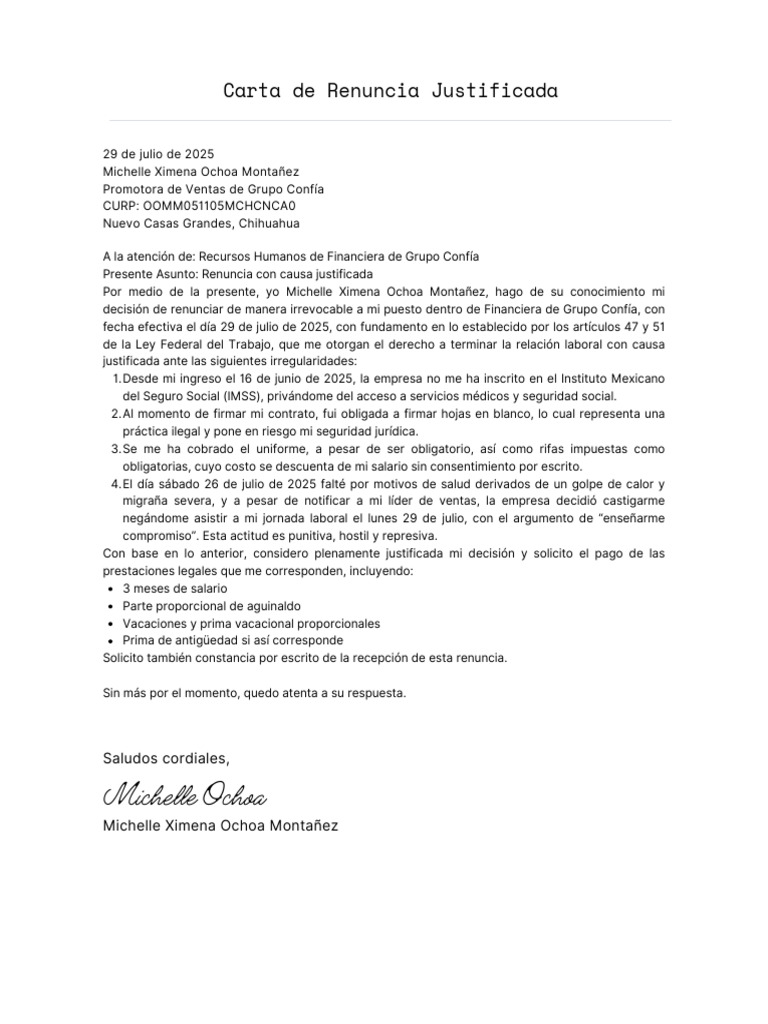Carta de Renuncia Justificada Michelle Ochoa | PDF