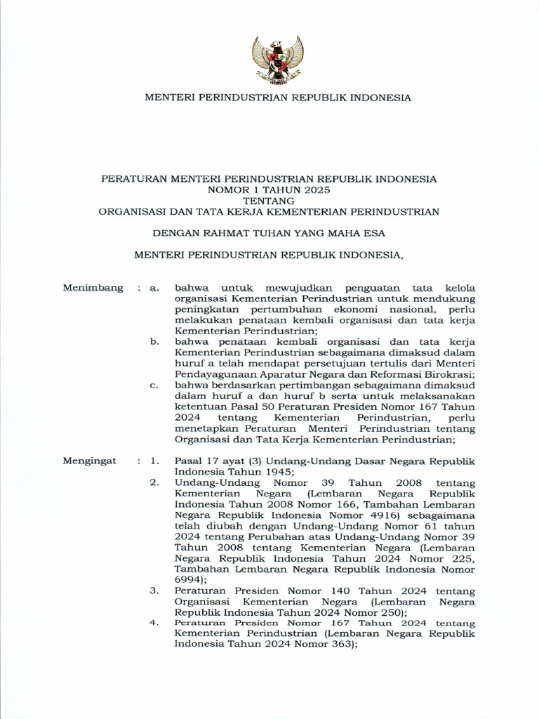 2025 - Peraturan Menteri Perindustrian - Nomor-1-Tahun-2025 | PDF