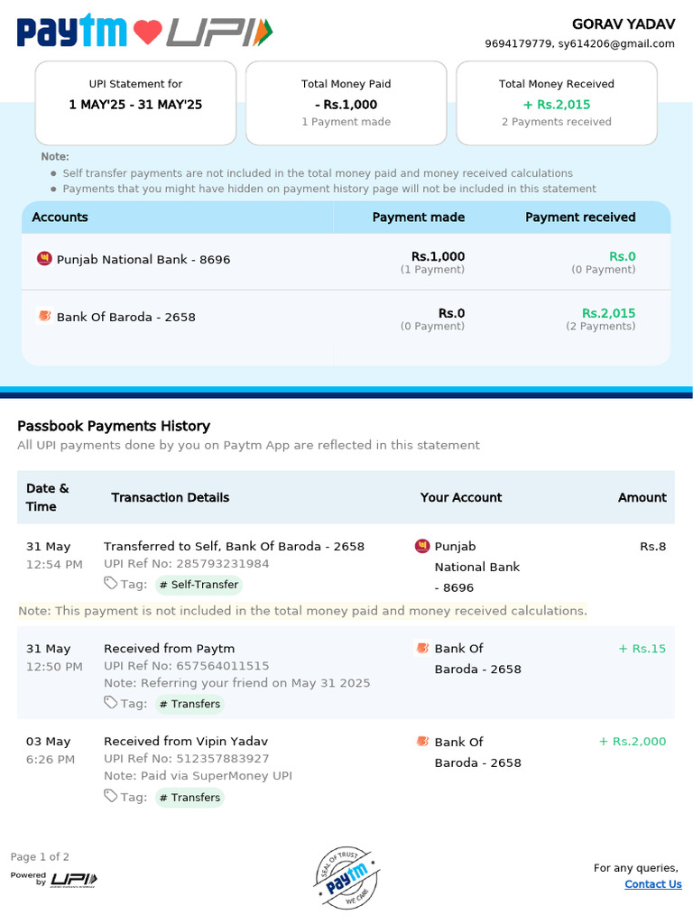 Paytm Bank UPI Statement: May 2025 | PDF | Financial Technology ...