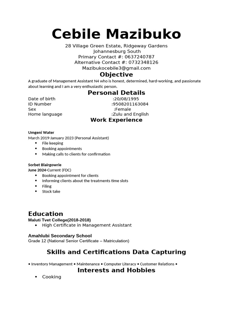 Cebile Mazibuko CV Updated | PDF