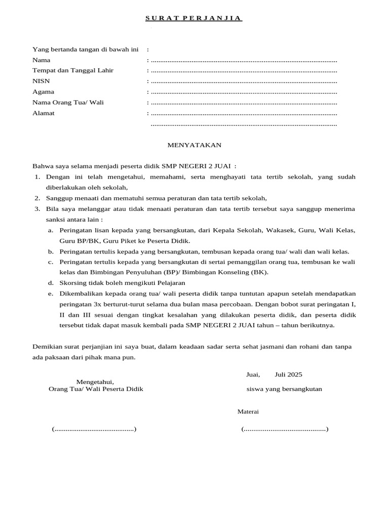 Surat Perjanjian Siswa Juli 2024 | PDF