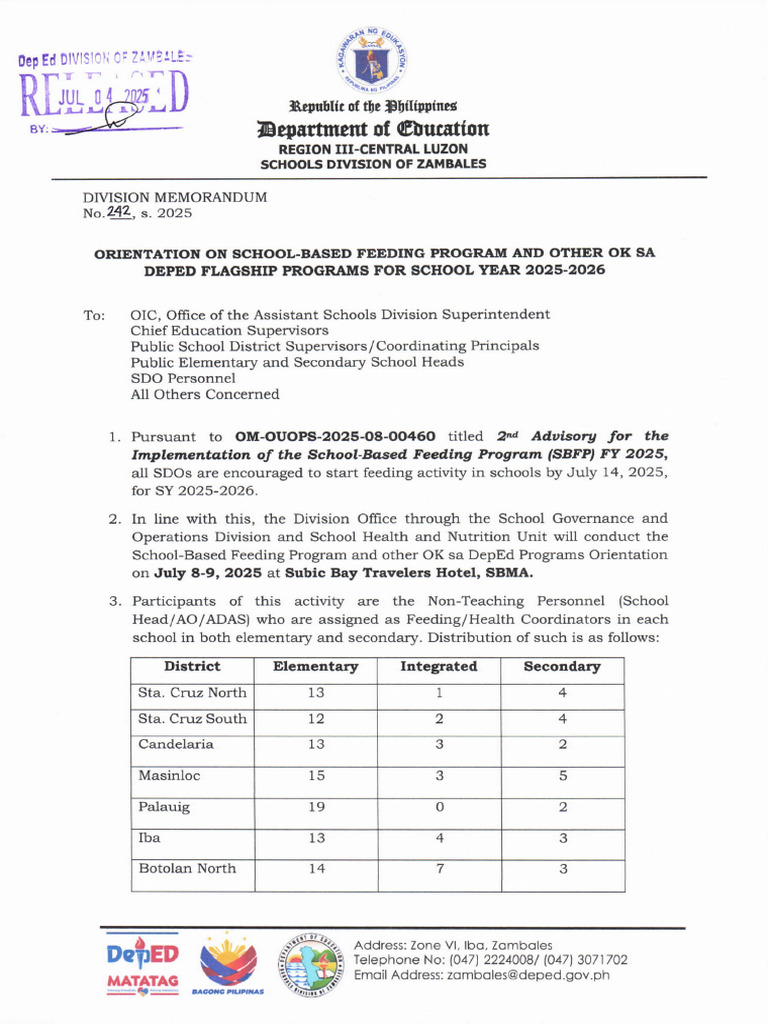DM No. 242, S. 2025 - Orientation On School-Based Feeding Program and Other OK Sa DepEd Flagship ...