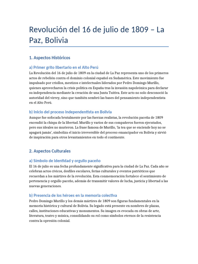 Revolución del 16 de julio de 1809 en La Paz | PDF | Bolivia | Perú