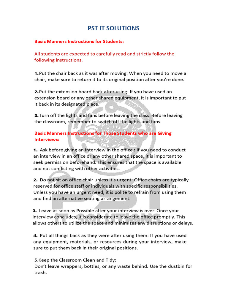 Basic Manners Instructions For Students by PSTIT | PDF