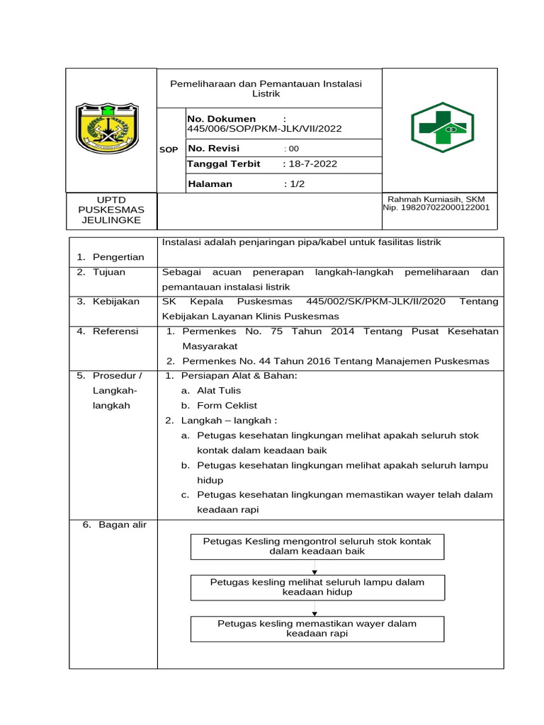 SOP Pemeliharaan Dan Pemantauan Instalasi Listrik | PDF