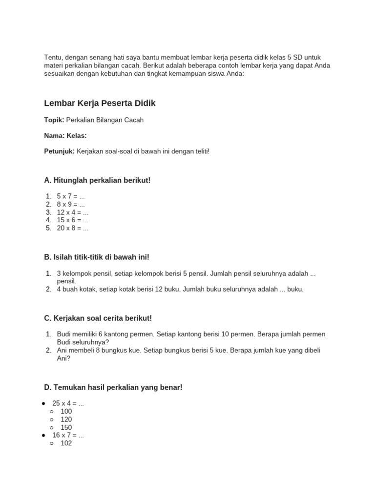 LKPD Kelas 5 Bil Cacah | PDF