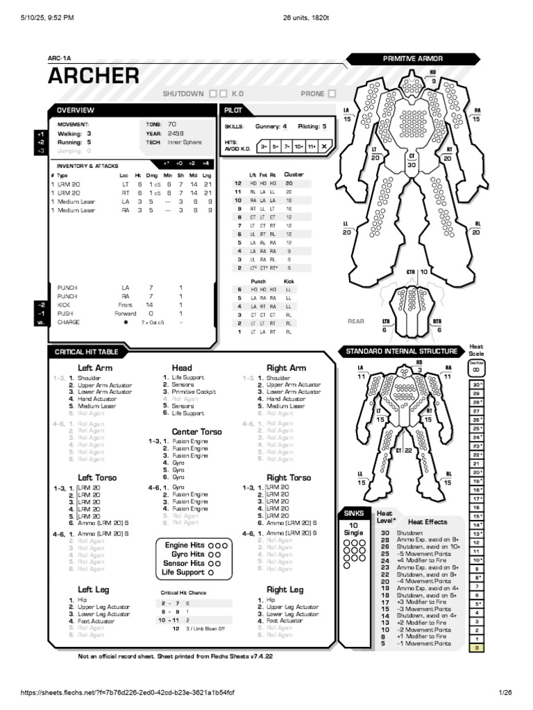Battletech Archer Record Sheet | PDF