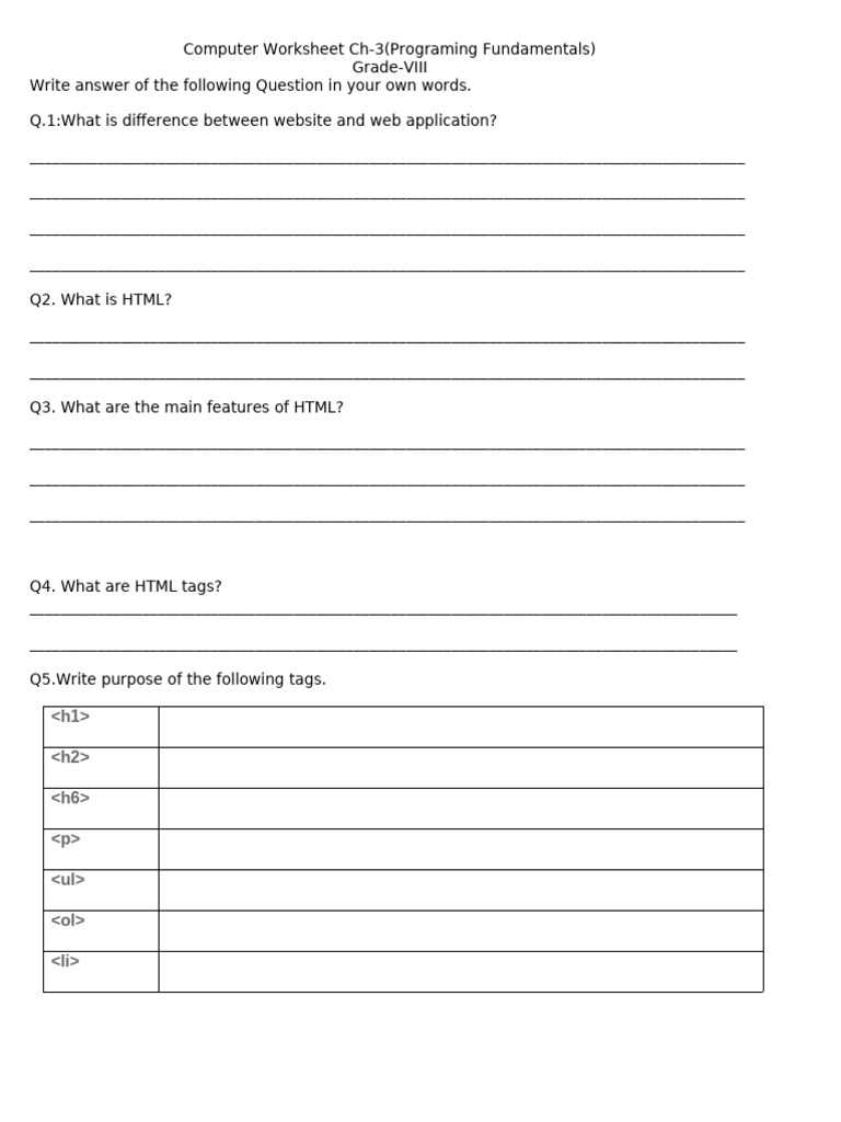 Computer Worksheet: HTML Basics | PDF