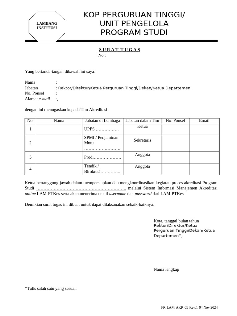 040320-Resmi Surat Tugas Program Studi Untuk Registrasi LAM-PTKes-rev | PDF