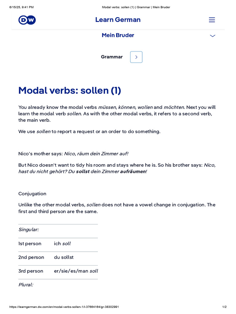 Modal Verbs - Sollen (1) - Grammar - Mein Bruder | PDF | Verb | German ...