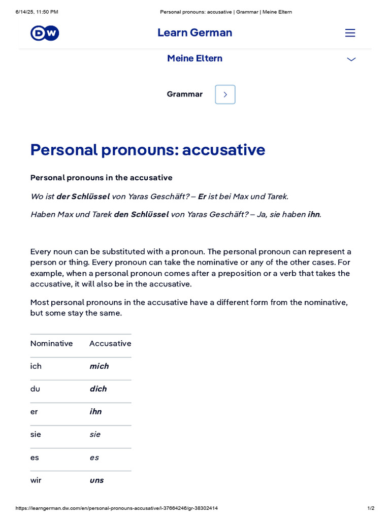 Personal Pronouns - Accusative - Grammar - Meine Eltern | PDF