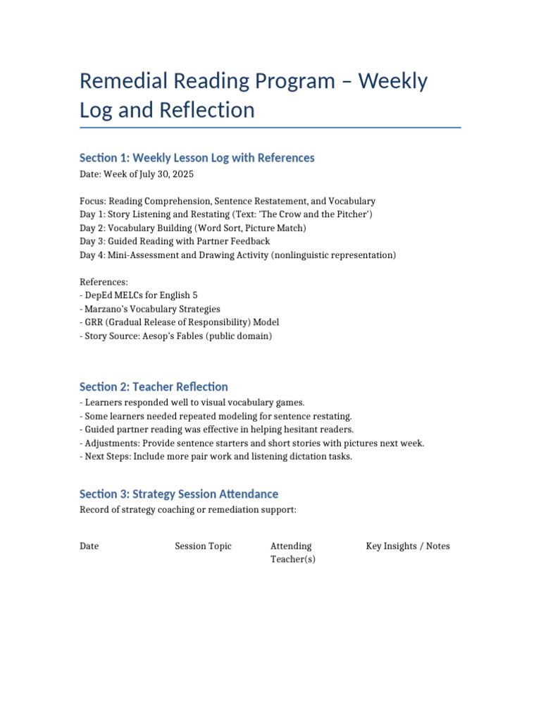 Weekly Remedial Reading Log & Reflection | PDF
