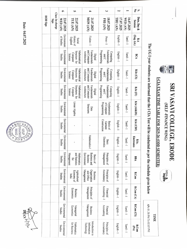 I-CIA TimeTable (Odd Sem 2025-2026) | PDF