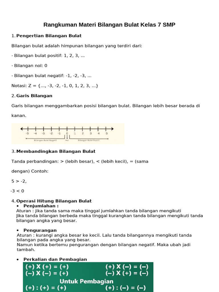 Rangkuman Bilangan Bulat Kelas 7 SMP | PDF