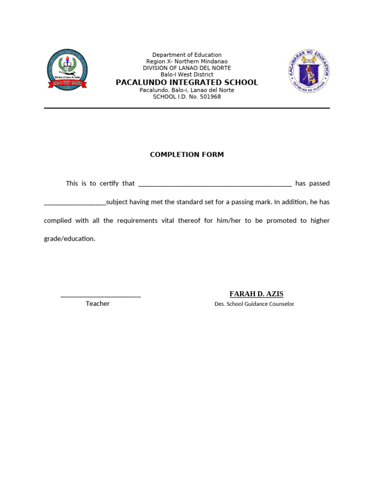 Completion Form | PDF