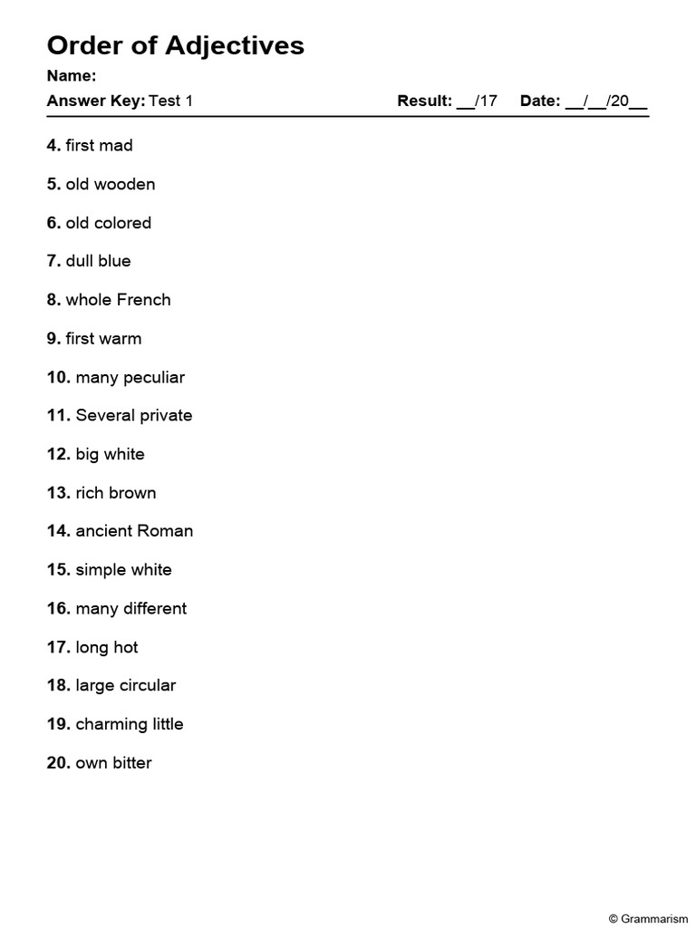Order of Adjectives Test Answer Key | PDF