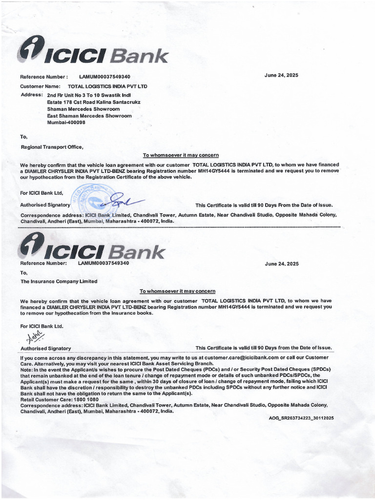 Noc & Form 35 Icici Bank | PDF