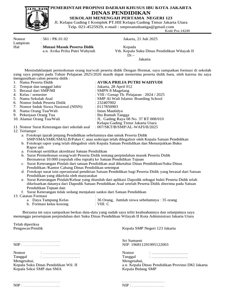 Surat Mutasi Masuk 2025 Baru (Luar Dki) | PDF