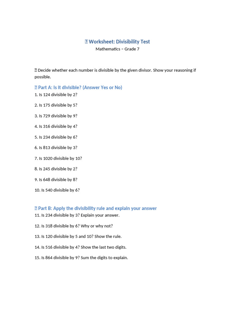 Divisibility Test Worksheet Grade 7 | PDF