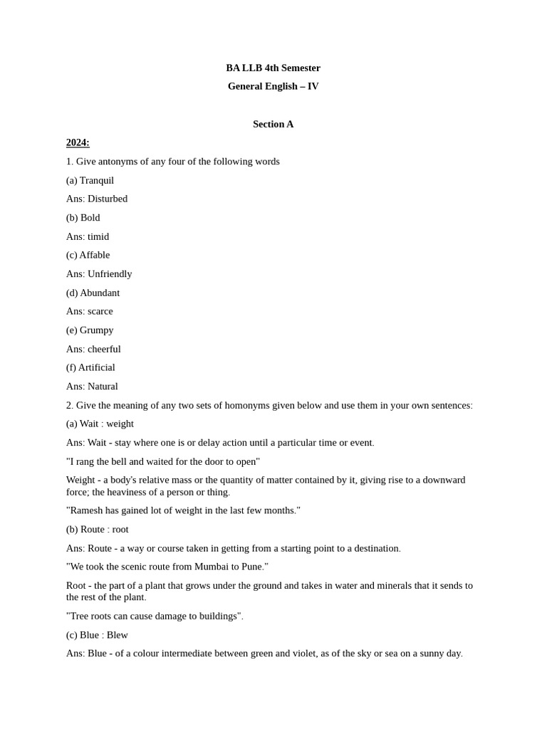 BA LLB 4th Semester English Pyqp | PDF | The Merchant Of Venice | Adjective