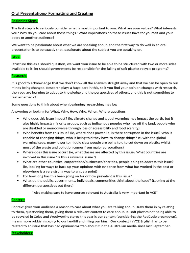 Yr 12 Oral Presentation Planning Document | PDF | Argument | Human ...