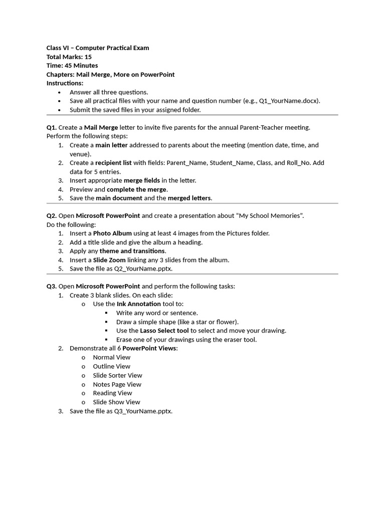 Class VI Computer Practical Exam Guide | PDF
