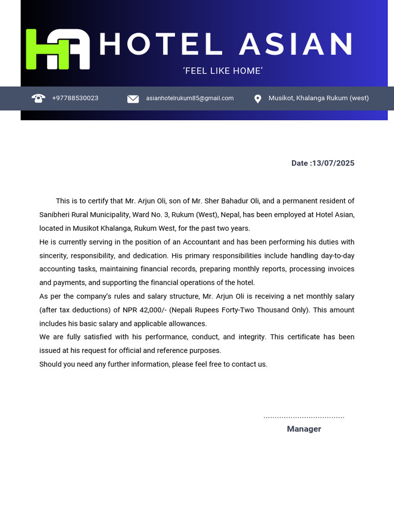 Arjun Oli's Salary Certification | PDF