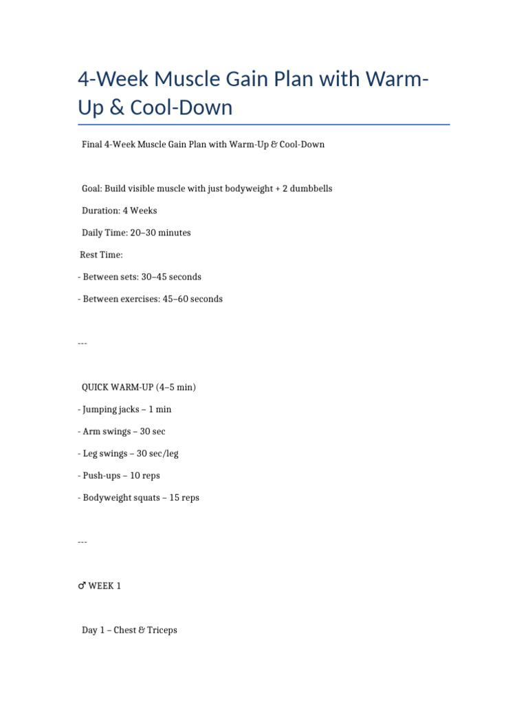 4-Week Muscle Gain Workout Plan | PDF | Physical Fitness | Physical ...