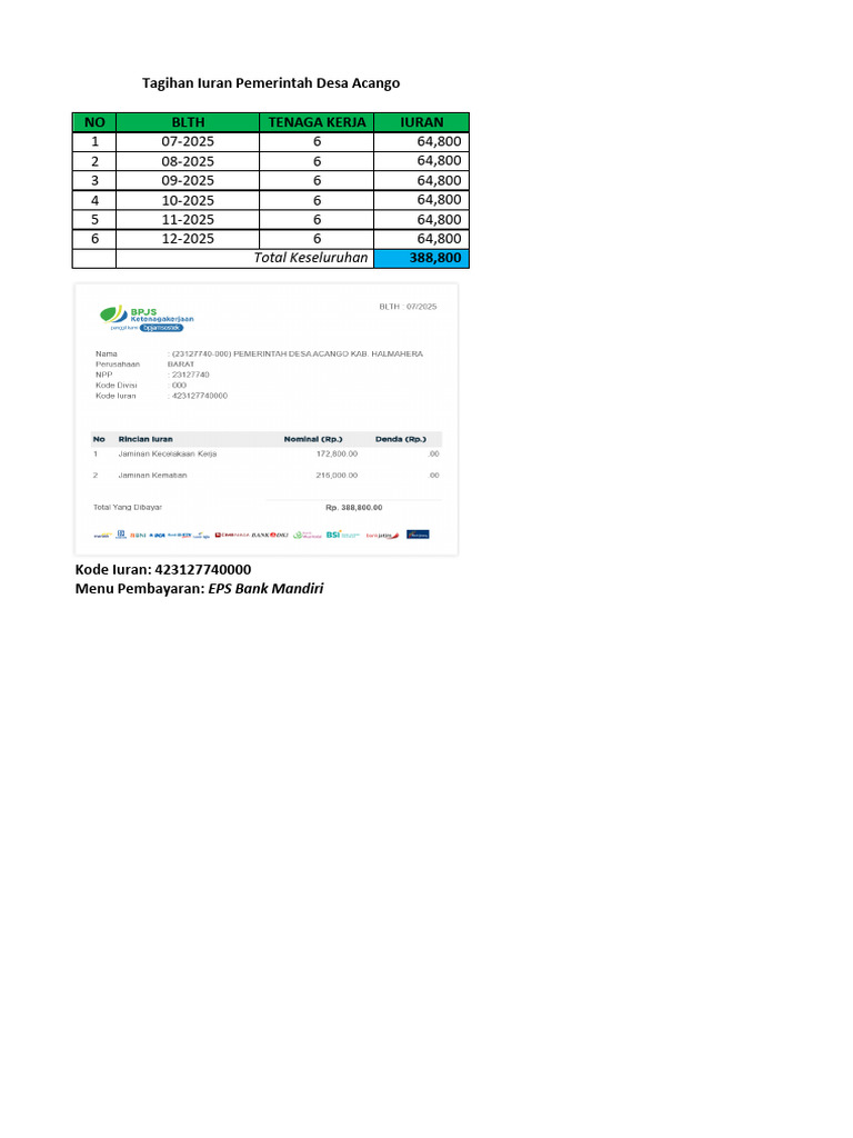 Tagihan Iuran Pemerintah Desa Acango | PDF