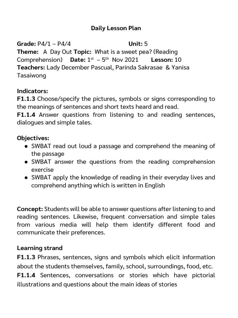 Lesson 10 - What Is A Sweet Pea (Friday) | PDF | Reading Comprehension ...
