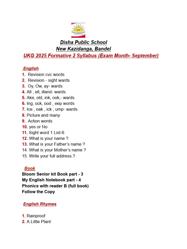 UKG (2025) Formative 2 Syllabus | PDF