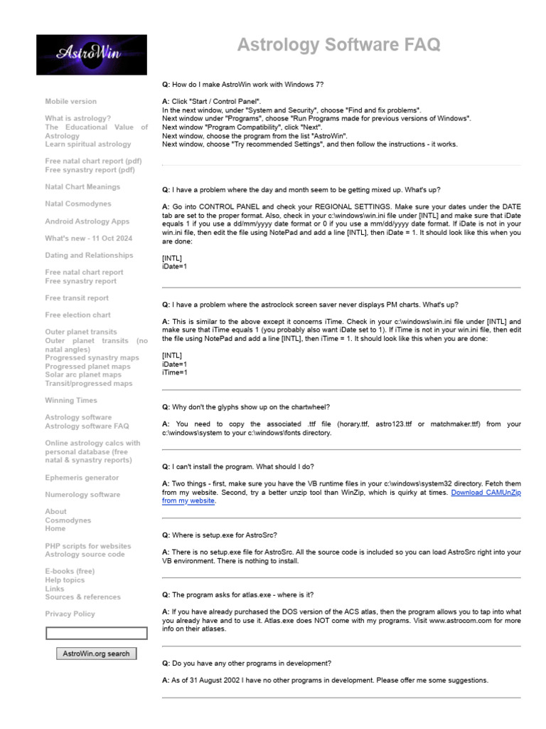 Astrology Software FAQs and Resources | PDF | Computing | Software