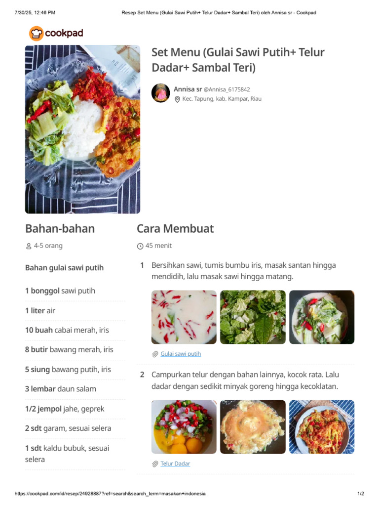 Resep Set Menu (Gulai Sawi Putih+ Telur Dadar+ Sambal Teri) Oleh Annisa ...