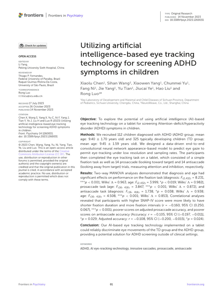 2023 - Chen - Utilizing Artificial Intelligence-Based Eye Tracking Technology For Screening ADHD ...