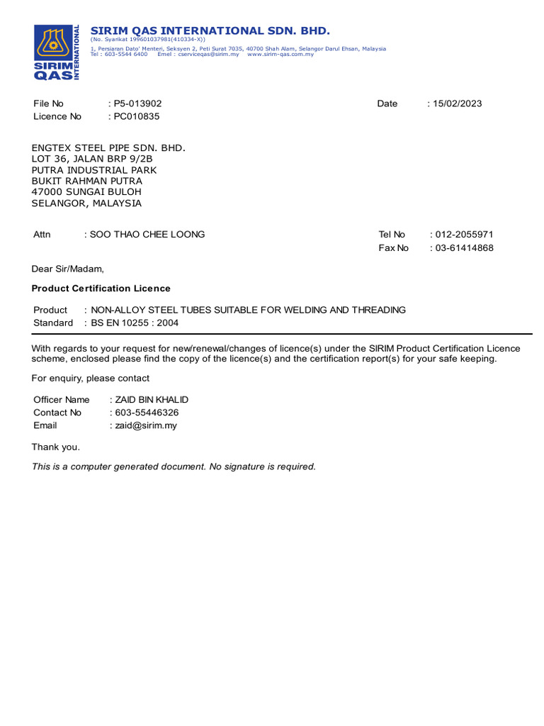 SIRIM Product Certification for Engtex Steel | PDF