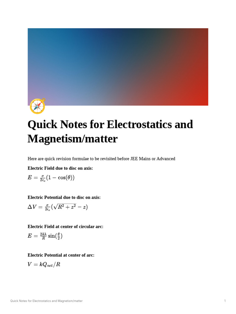 Electrostatics & Magnetism Revision Notes | PDF | Physics | Theoretical ...