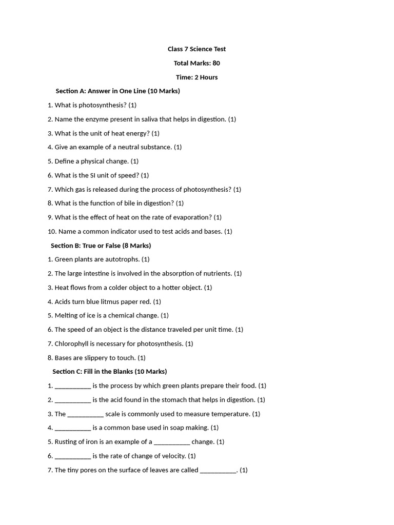 Class 7 Science Test Questions and Answers | PDF | Digestion | Heat