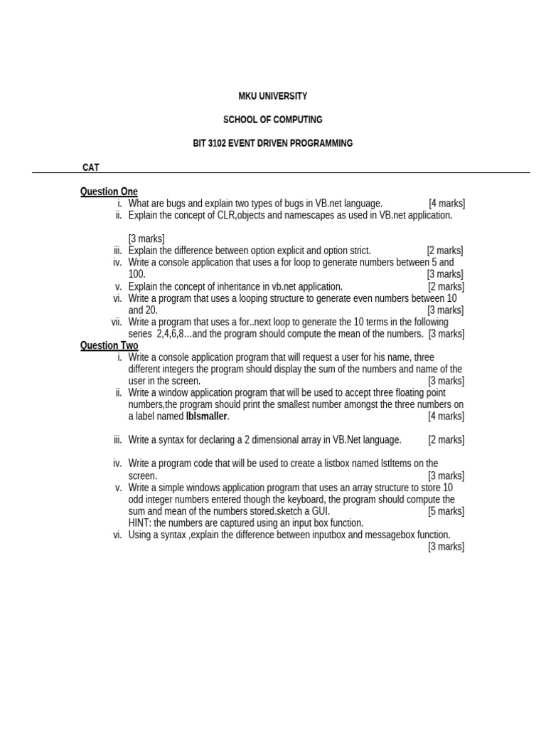CAT For BIT 3102 Event Driven Programming | PDF | Computer Program | Programming