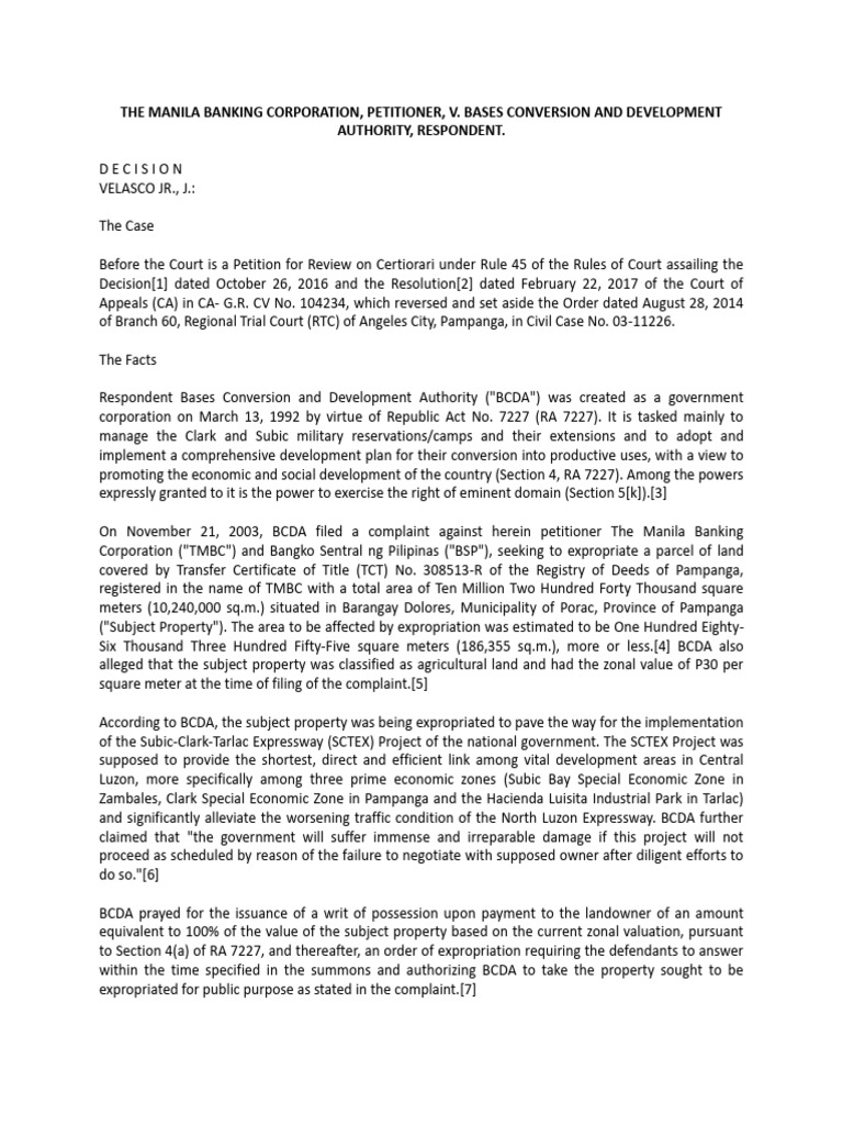 The Manila Banking Corporation vs. Bases Conversion and Development Authority | PDF | Just ...