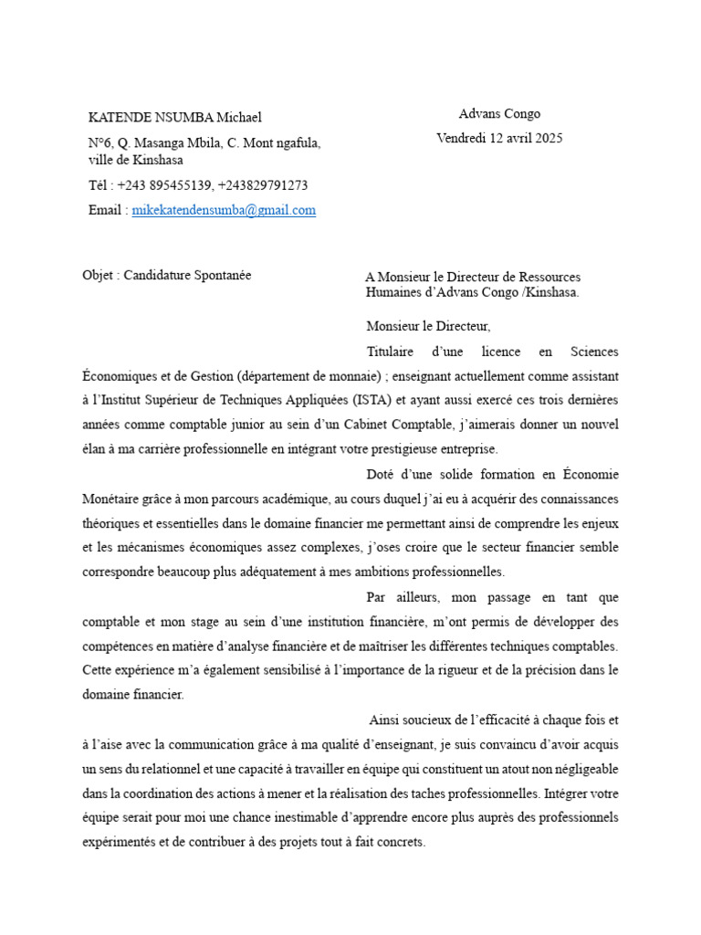 Candidature de Michael Katende Nsumba | PDF | Comptabilité