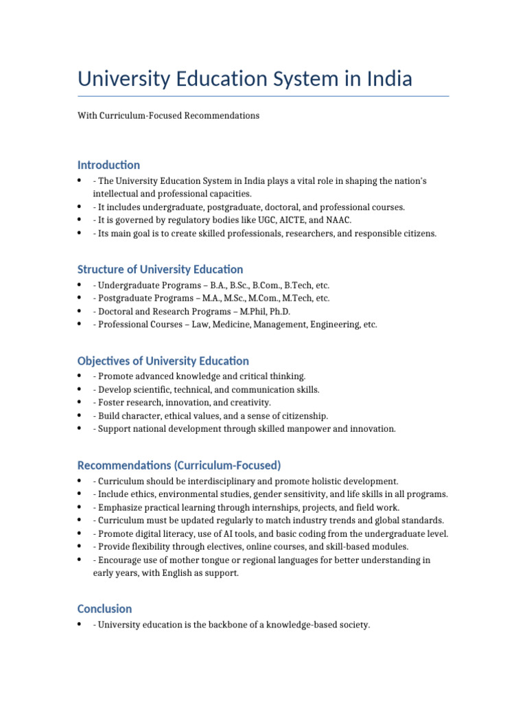 University Education System Curriculum Recommendations | PDF