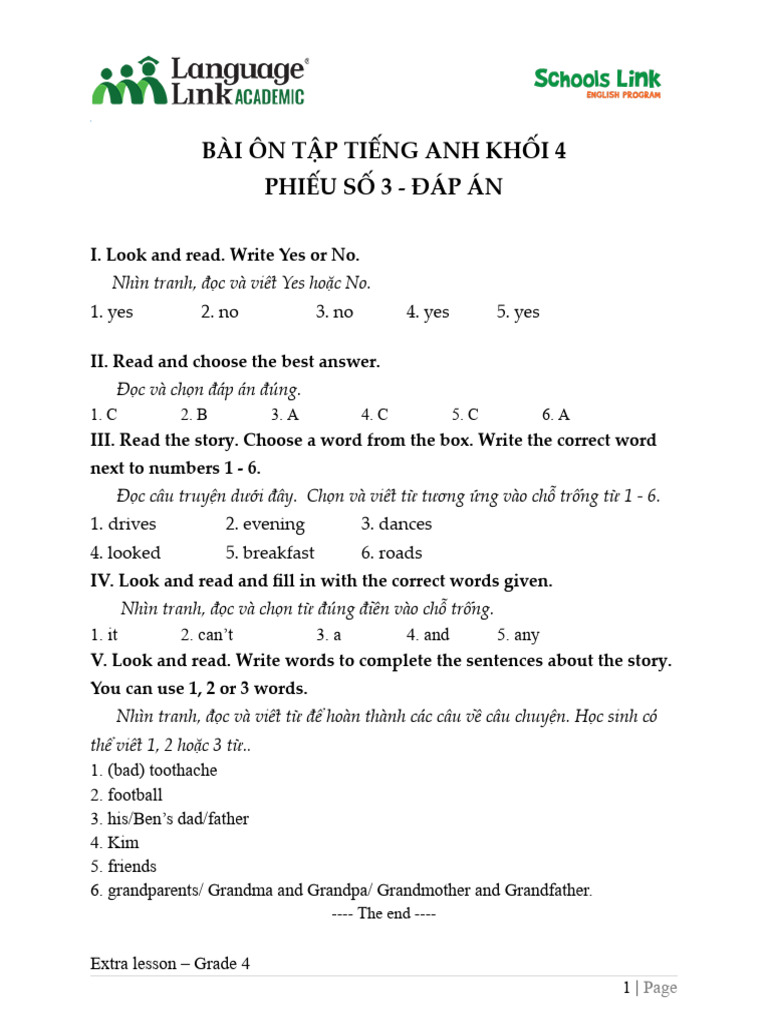 LLV - Extra Lessons - Grade 4 - Lesson 3 - Key | PDF