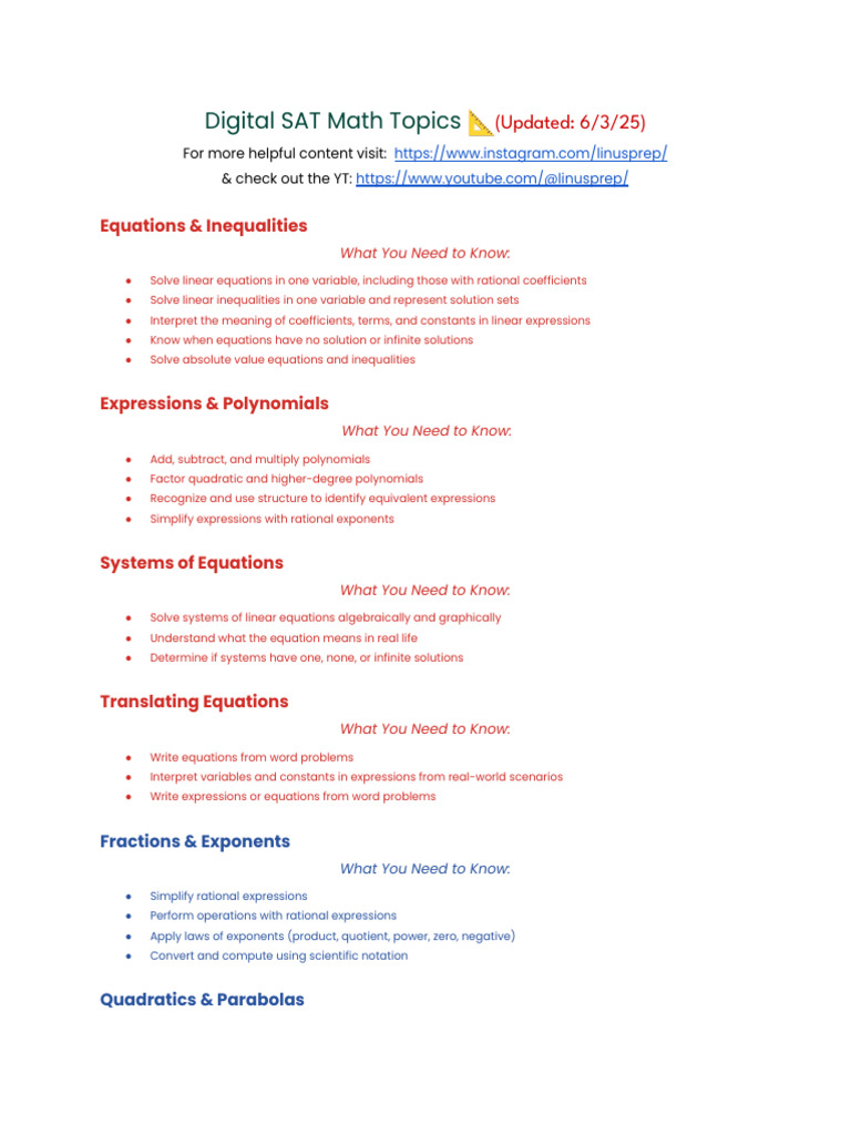 Digital SAT Math Topics | PDF | Quadratic Equation | Equations