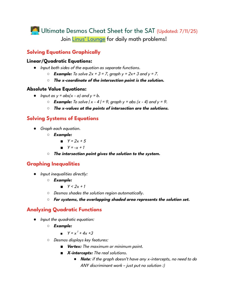 Ultimate SAT Desmos Cheat Sheet | PDF | Equations | Pi