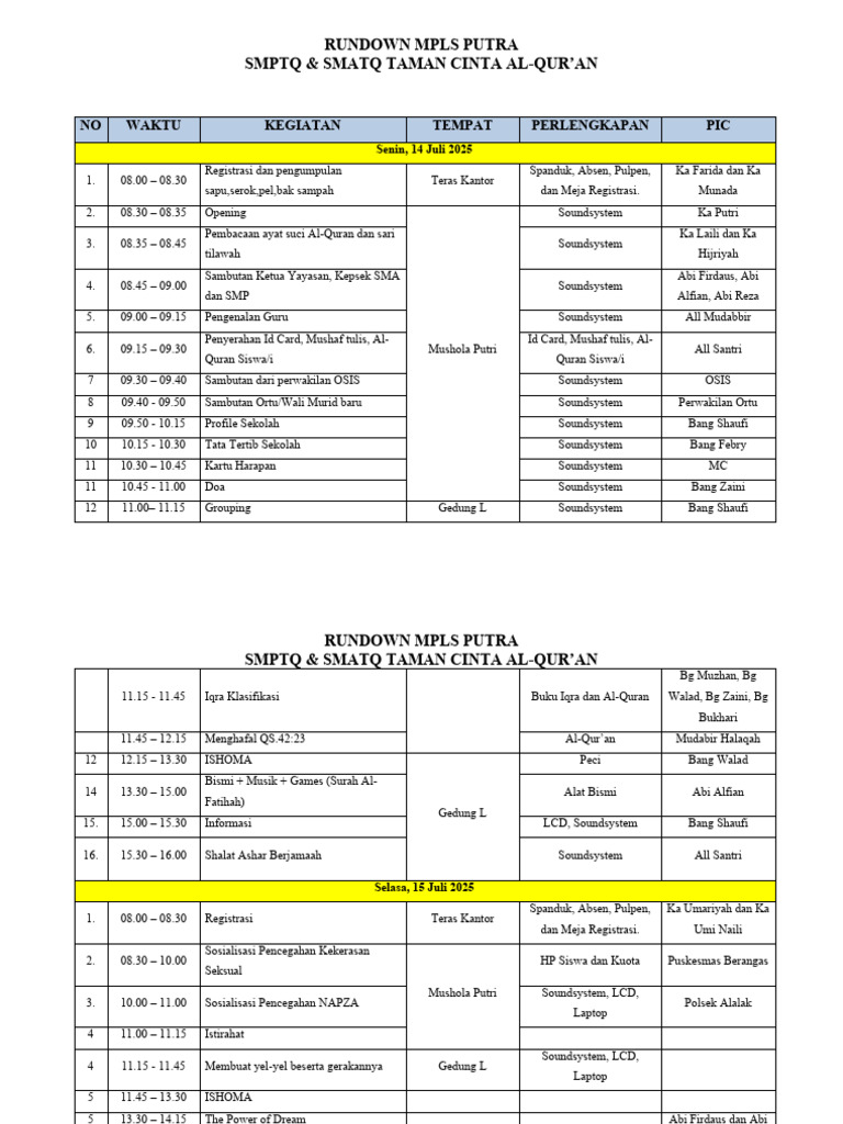 Rundown MPLS Putra Taman Cinta Al-Qur'an | PDF