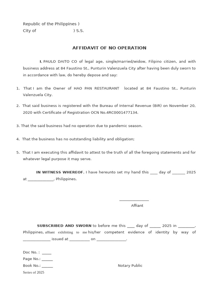 Affidavit of No Operation for Restaurant | PDF