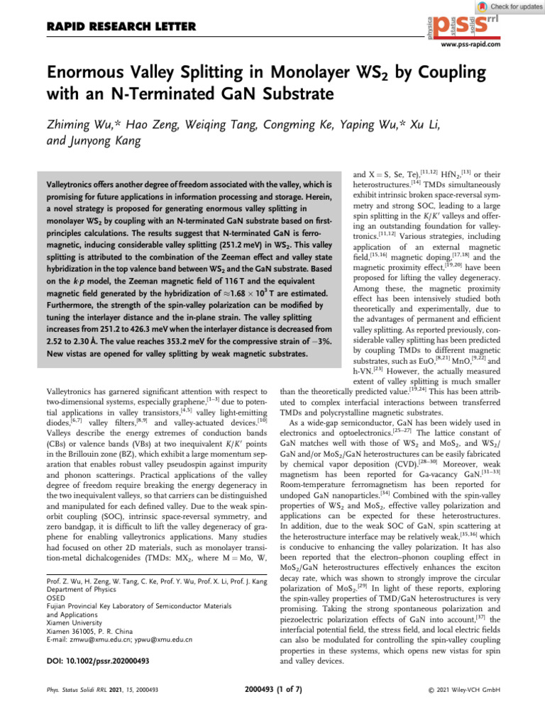 2 - (2021) Enormous Valley Splitting in Monolayer WS2 by Coupling With ...